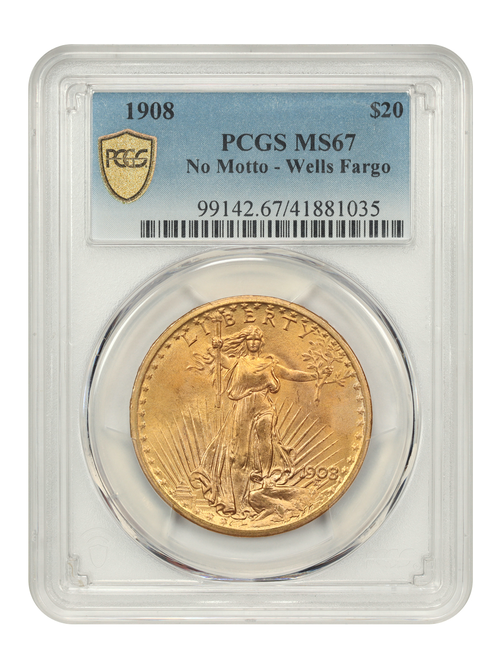 Collectors Corner - 1908 $20 No Motto - Wells Fargo MS67 PCGS - #65316428