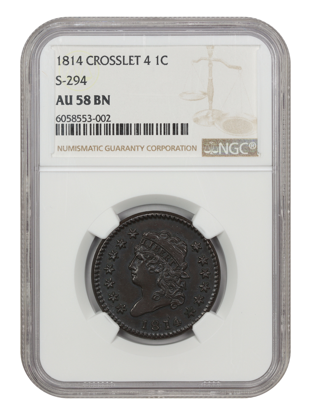 Greysheet Marketplace Coins & Currency: 1814 Crosslet 4 1c NGC AU58 BN
